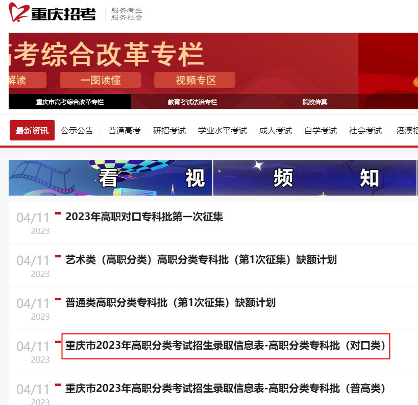 2023年重庆高职分类考试招生录取信息表-高职分类专科批（对口类）公布